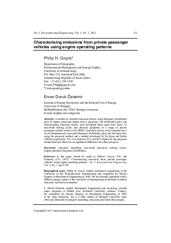 (PDF) Characterising emissions from private passenger vehicles using engine operating patterns