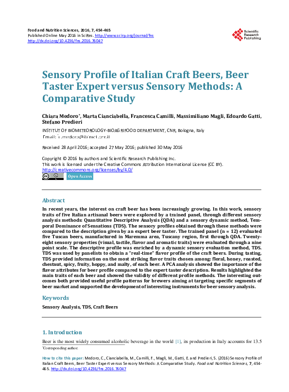 (PDF) Sensory Profile of Italian Craft Beers, Beer Taster Expert versus ...