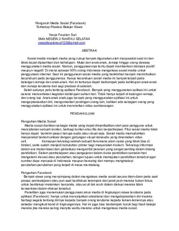 (PDF) Pengaruh Media Sosial (Facebook) Terhadap Prestasi Belajar Siswa