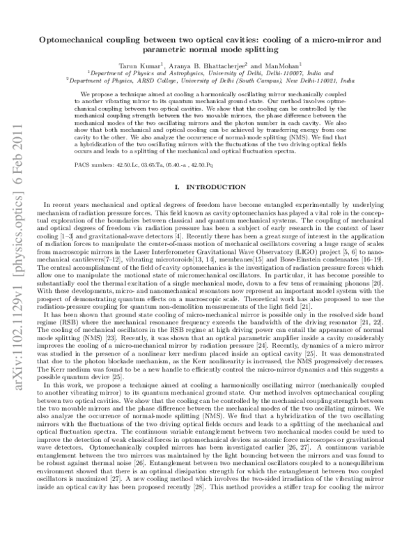 (PDF) Optomechanical coupling between two optical cavities: Cooling of ...
