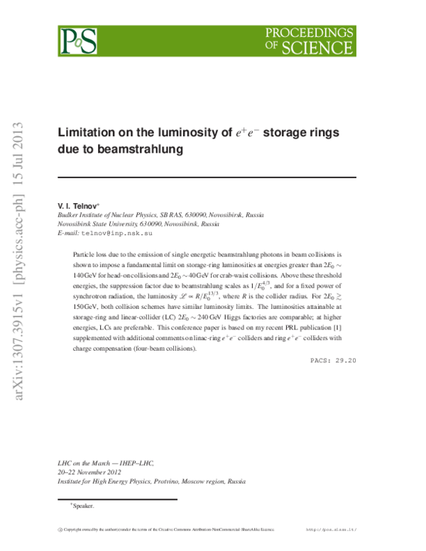 (PDF) Limitation on the luminosity of e+e- storage rings due to ...