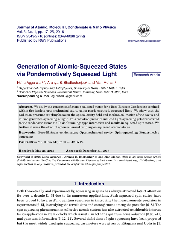 (PDF) Generation of Atomic-Squeezed States via Pondermotively Squeezed ...