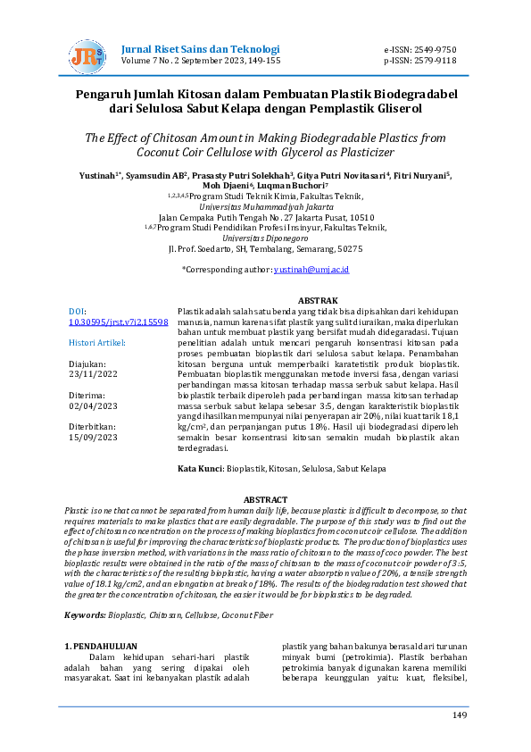 (PDF) Pengaruh Jumlah Kitosan dalam Pembuatan Plastik Biodegradabel ...