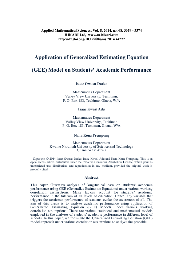 (PDF) Application of generalized estimating equation (GEE) model on students' academic performance