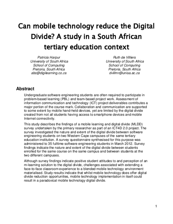 (PDF) 1 Can mobile technology reduce the Digital Divide? A study in a ...