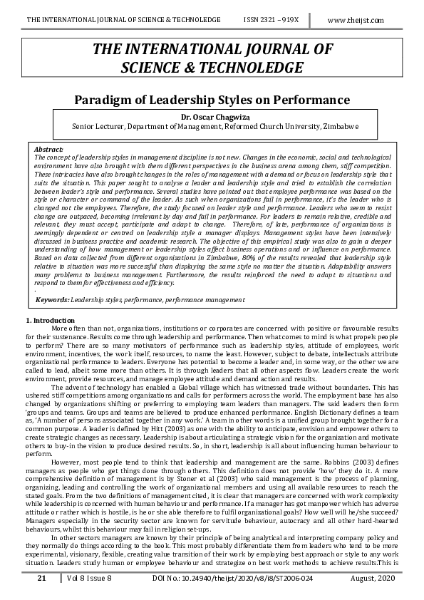 (PDF) Paradigm of Leadership Styles on Performance