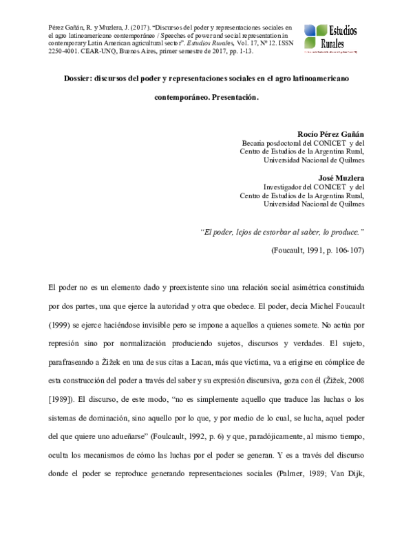 (PDF) Dossier: discursos del poder y representaciones sociales en el ...