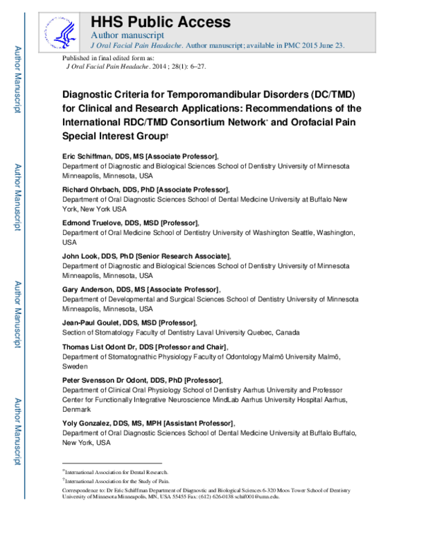 (PDF) Diagnostic Criteria for Temporomandibular Disorders (DC/TMD) for ...