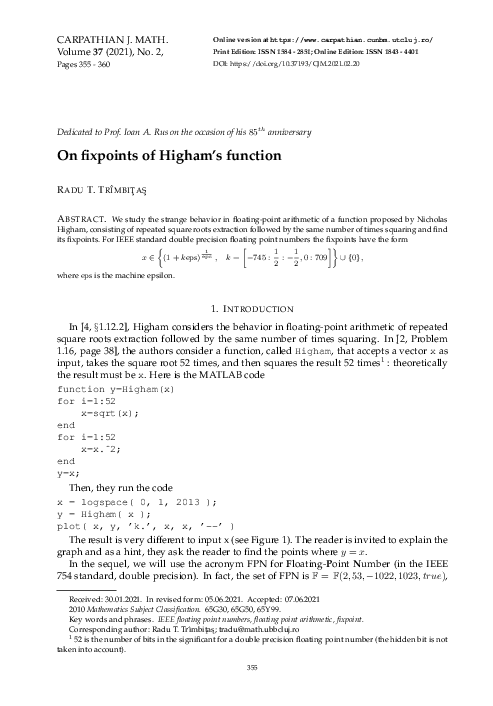(PDF) On fixpoints of Higham’s function | Radu Trimbitas - Academia.edu