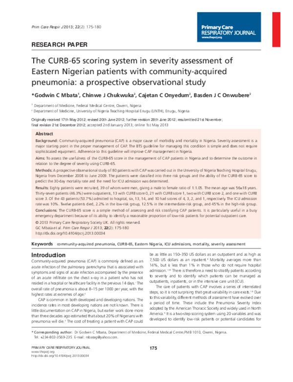 (PDF) The CURB-65 scoring system in severity assessment of Eastern Nigerian patients with ...