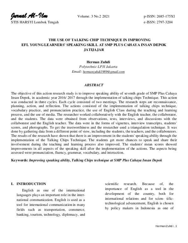 (PDF) Improving EFL Young Learners’ Speaking through Talking Chips