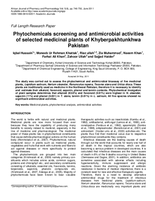 (PDF) Phytochemicals screening and antimicrobial activities of selected medicinal plants of ...