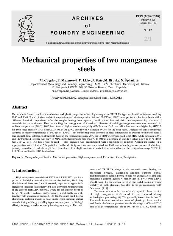 (PDF) Mechanical Properties of Two Manganese Steels
