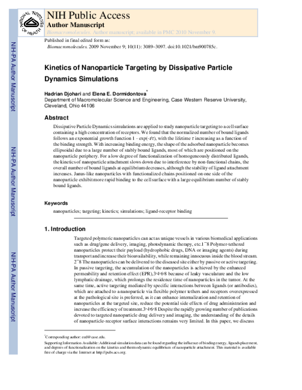 (PDF) Kinetics of Nanoparticle Targeting by Dissipative Particle Dynamics Simulations