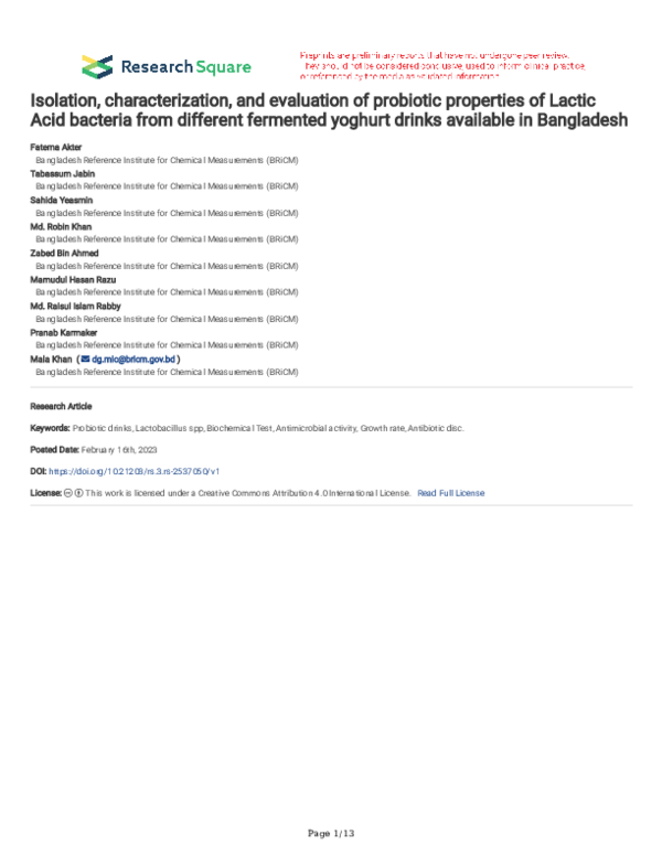 Pdf Isolation Characterization And Evaluation Of Probiotic