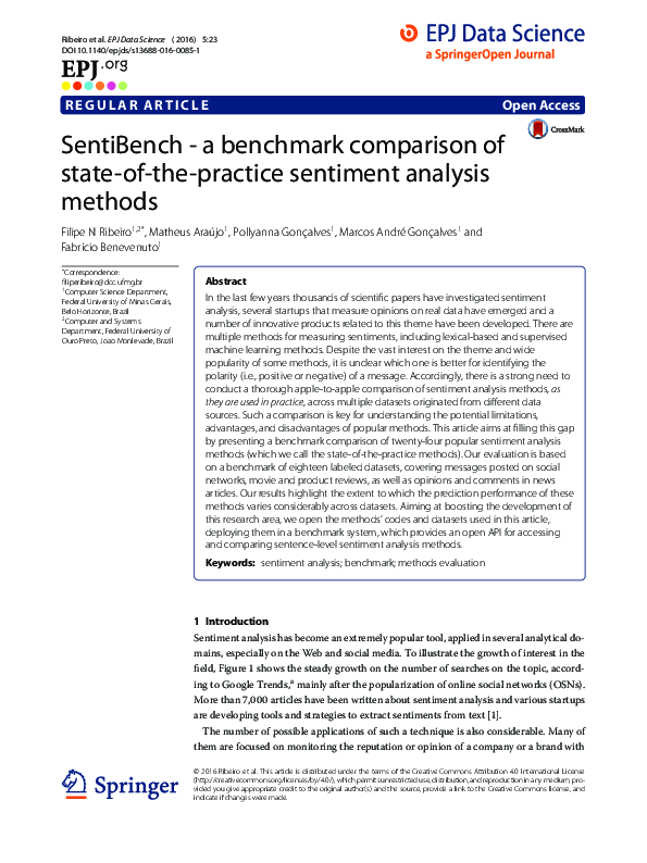 (PDF) SentiBench - a benchmark comparison of state-of-the-practice sentiment analysis methods