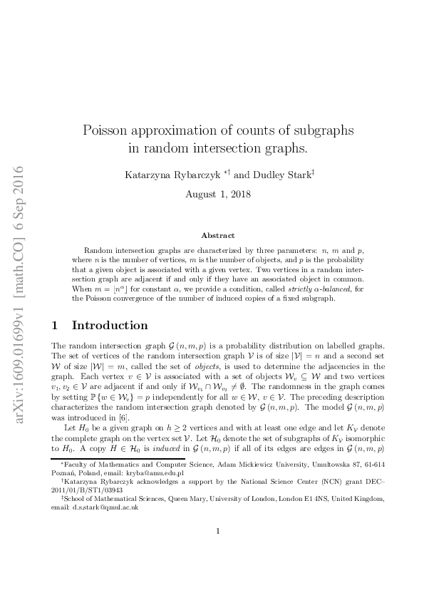 (PDF) Poisson approximation of counts of subgraphs in random intersection graphs
