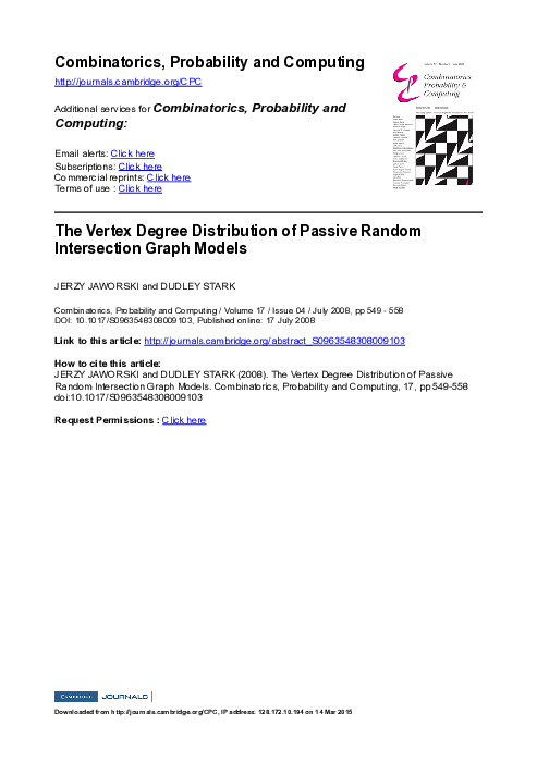 (PDF) The Vertex Degree Distribution of Passive Random Intersection Graph Models