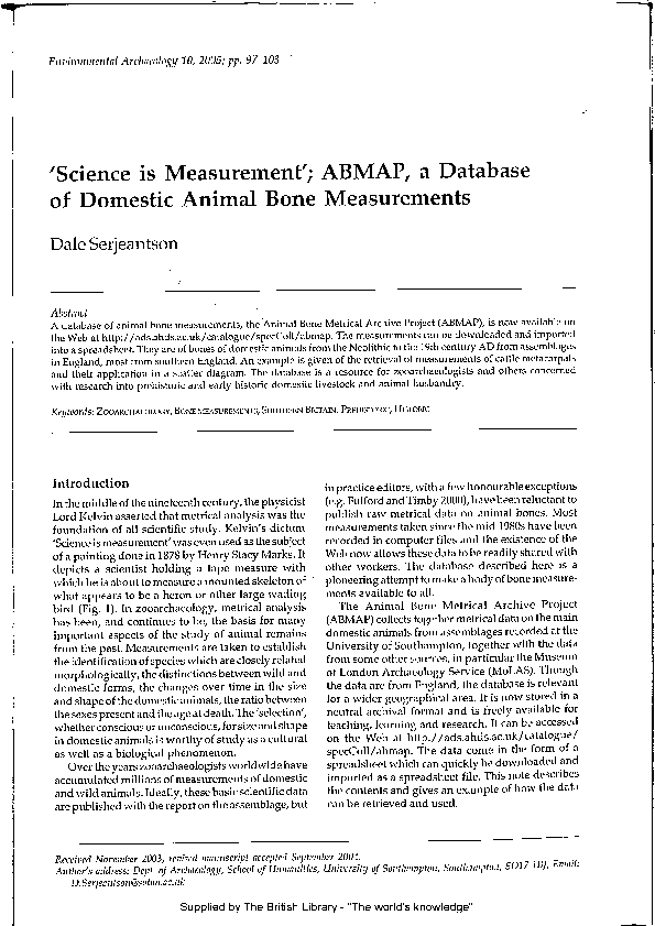 (PDF) Science is Measurement'; ABMAP, a Database of Domestic Animal Bone Measurements