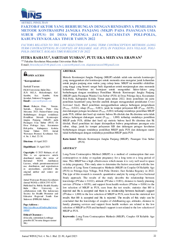 (PDF) Faktor-Faktor Yang Berhubungan Dengan Rendahnya Pemilihan Metode Kontrasepsi Jangka ...