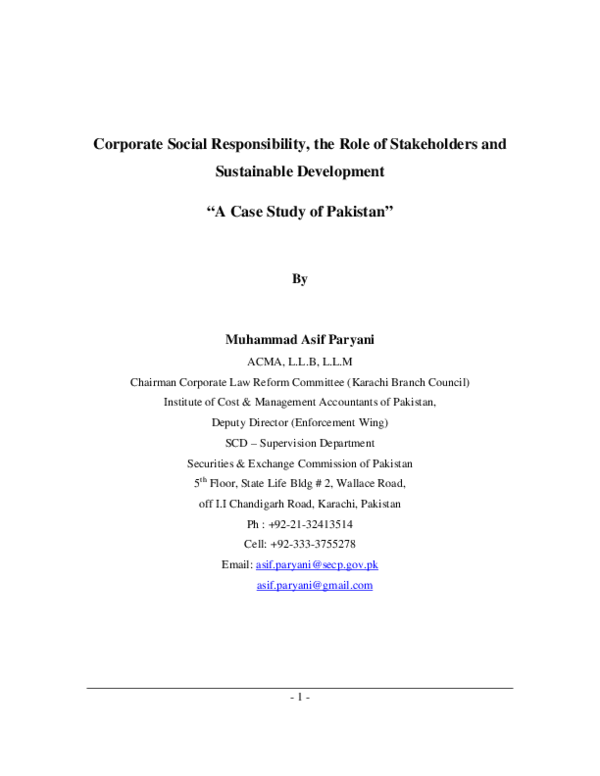 (PDF) Corporate Social Responsibility, the Role of Stakeholders and Sustainable Development "A ...
