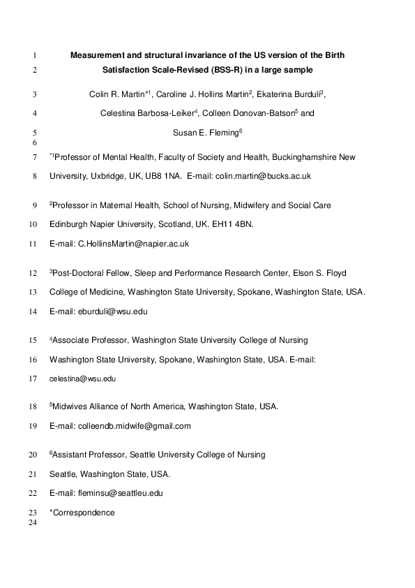 Measurement and structural invariance of the US version of the Birth ...