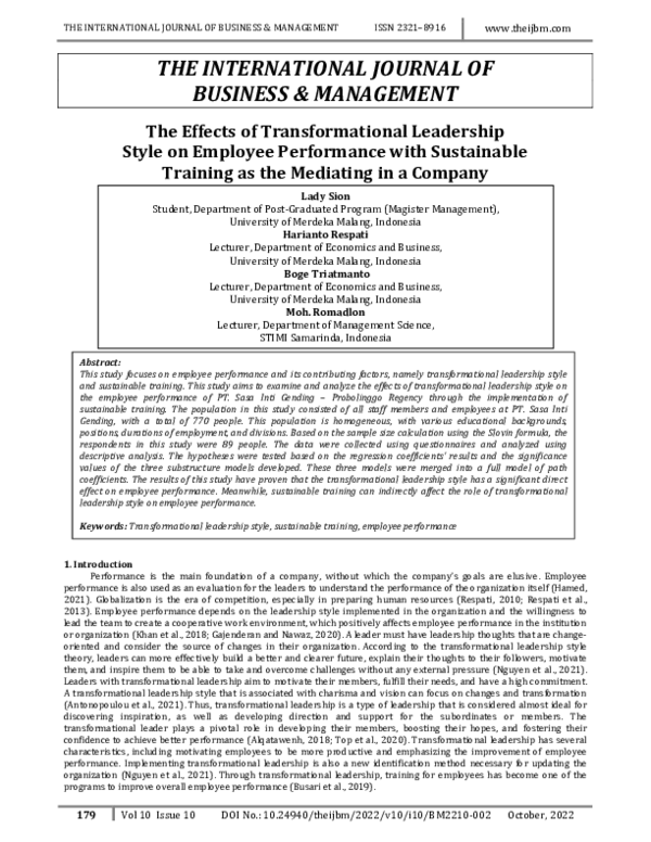 (PDF) The Effects of Transformational Leadership Style on Employee Performance with Sustainable ...