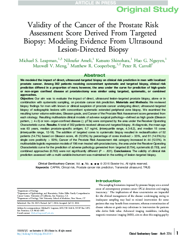 (PDF) Validity of the Cancer of the Prostate Risk Assessment Score ...