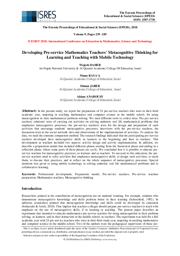 Pdf Developing Pre Service Mathematics Teachers Metacognitive Thinking For Learning And