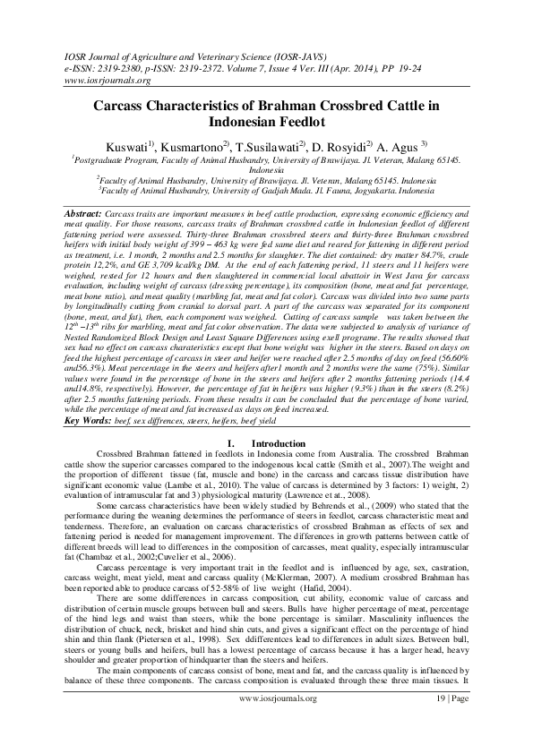 (PDF) Carcass Characteristics of Brahman Crossbred Cattle in Indonesian Feedlot