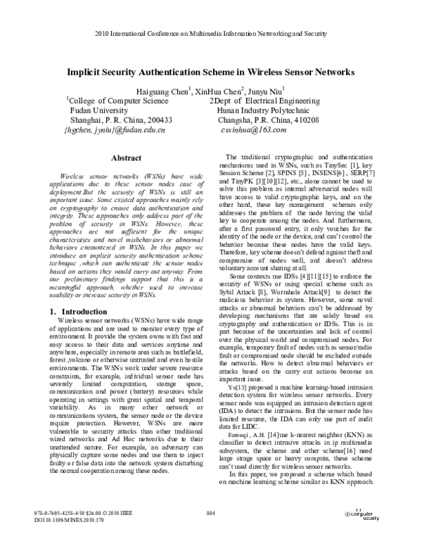 Pdf Implicit Security Authentication Scheme In Wireless Sensor Networks