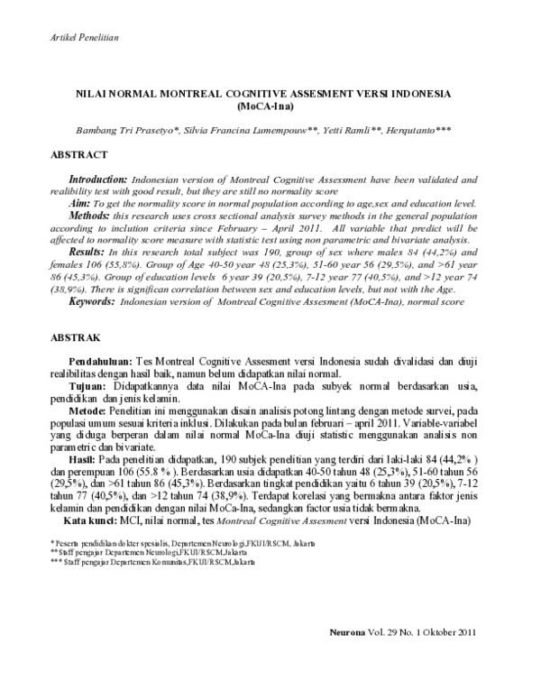 (PDF) NILAI NORMAL MONTREAL COGNITIVE ASSESMENT VERSI INDONESIA (MoCA-Ina)
