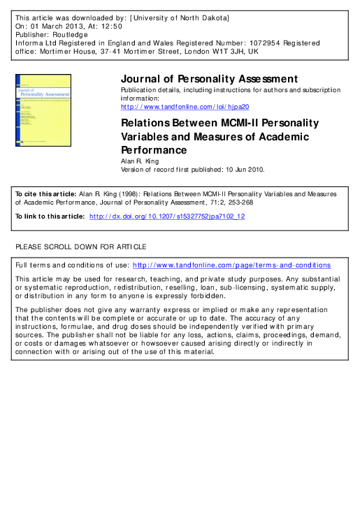 (PDF) Relations Between MCMI-II Personality Variables and Measures of Academic Performance