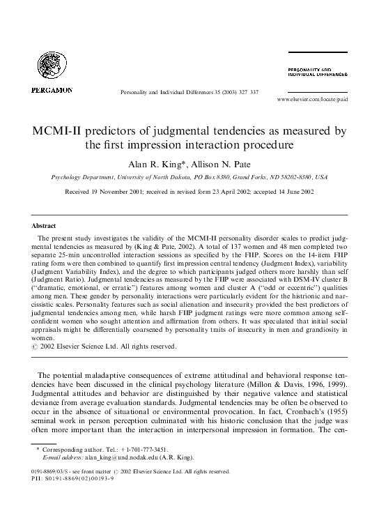 (PDF) MCMI-II predictors of judgmental tendencies as measured by the first impression ...