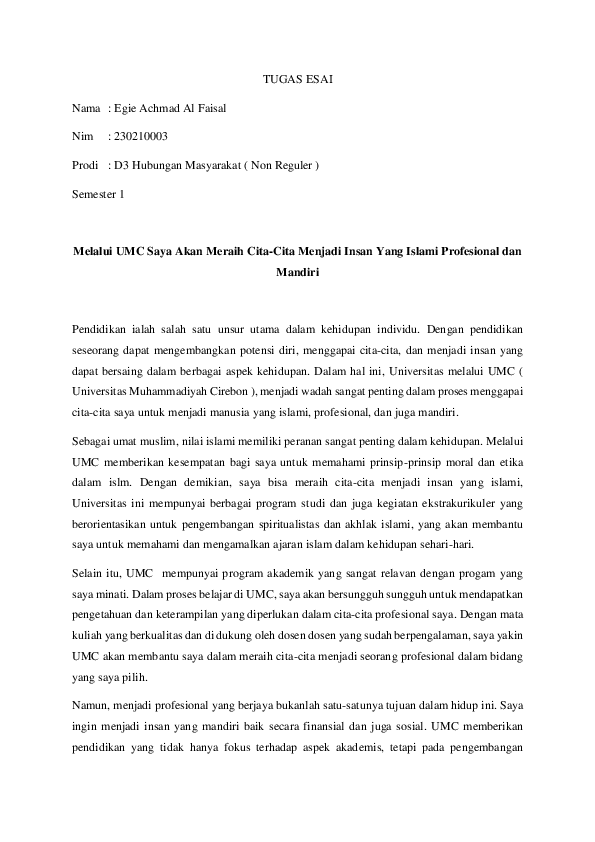 (PDF) Contoh Esai Pengelanan Akademik UMC 2023
