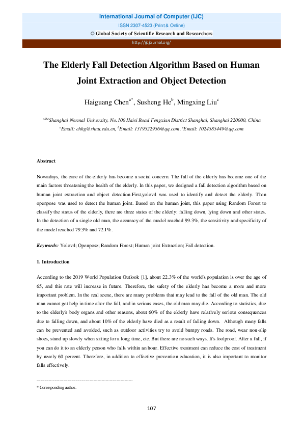 Pdf The Elderly Fall Detection Algorithm Based On Human Joint Extraction And Object Detection