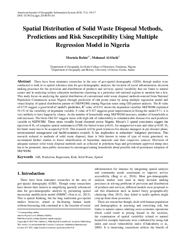 (PDF) Spatial Distribution of Solid Waste Disposal Methods, Predictions and Risk Susceptibility ...