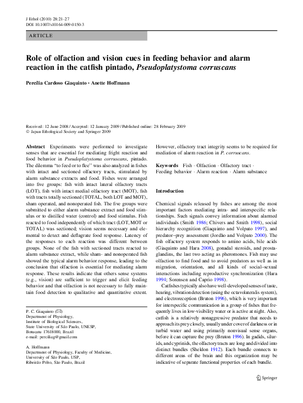 (PDF) Role of olfaction and vision cues in feeding behavior and alarm ...