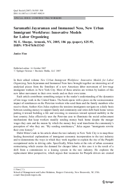 (PDF) Sarumathi Jayaraman and Immanuel Ness, New Urban Immigrant Workforce: Innovative Models ...