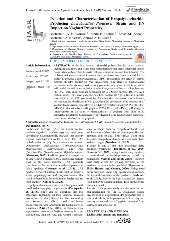 (PDF) Isolation and Characterization of Exopolysaccharide-Producing Lactobacillus Paracasei ...