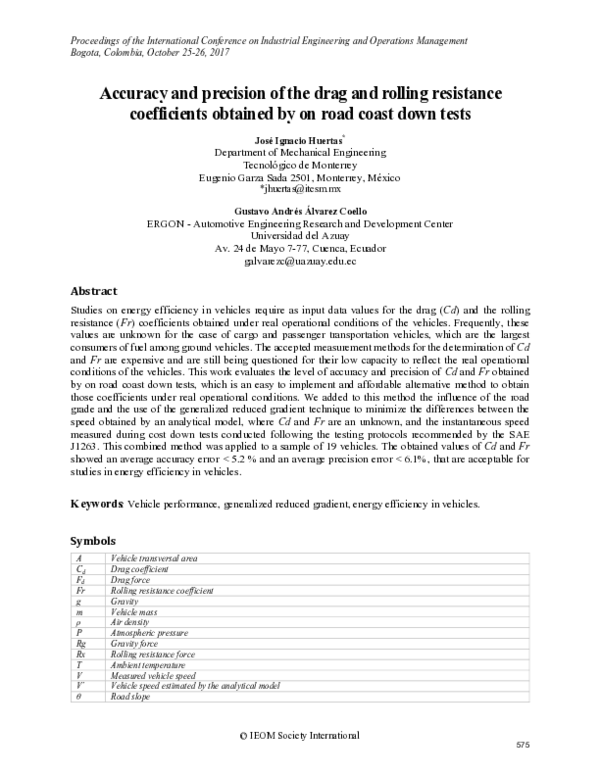 (PDF) Accuracy and precision of the drag and rolling resistance ...