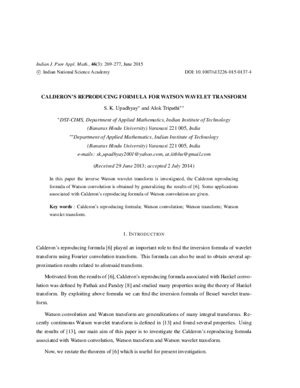 (PDF) Calderon’s reproducing formula for Watson wavelet transform