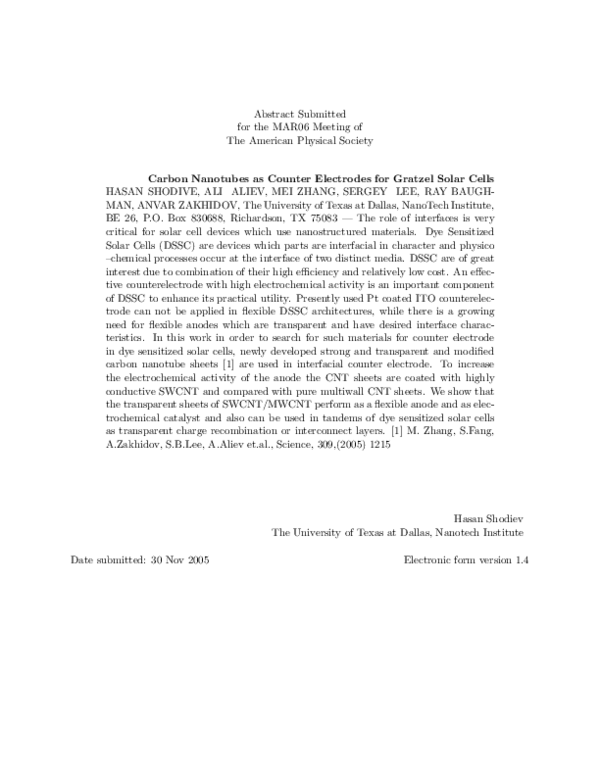 (PDF) Carbon Nanotubes as Counter Electrodes for Gratzel Solar Cells