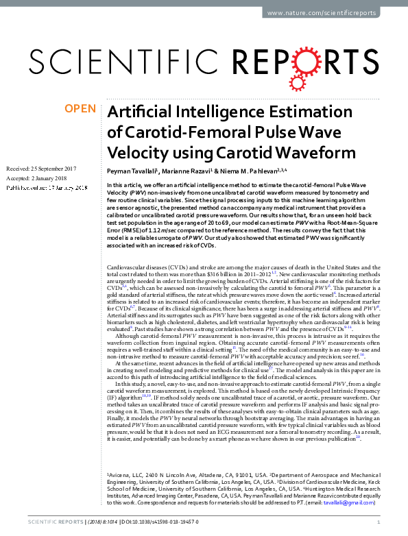 (PDF) Artificial Intelligence Estimation of Carotid-Femoral Pulse Wave Velocity using Carotid ...