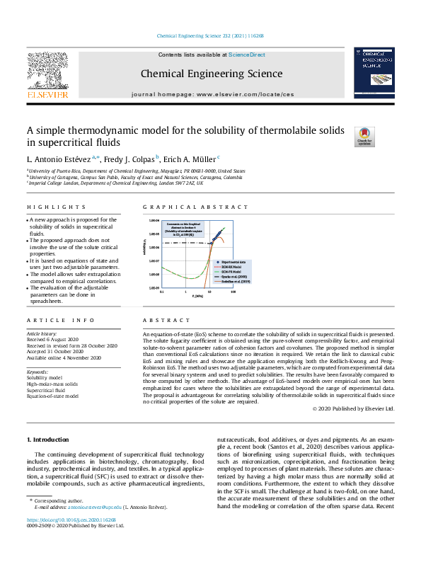 (PDF) A simple thermodynamic model for the solubility of thermolabile solids in supercritical fluids