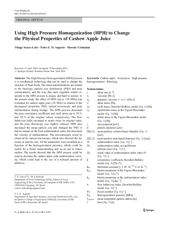(PDF) Using High Pressure Homogenization (HPH) to Change the Physical ...