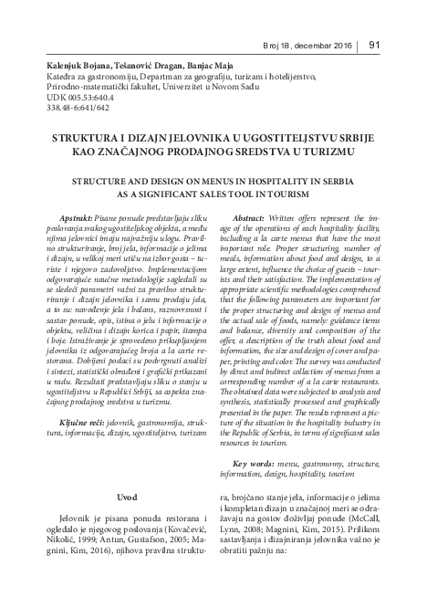 (PDF) Structure and design on menus in hospitality in Serbia as a ...