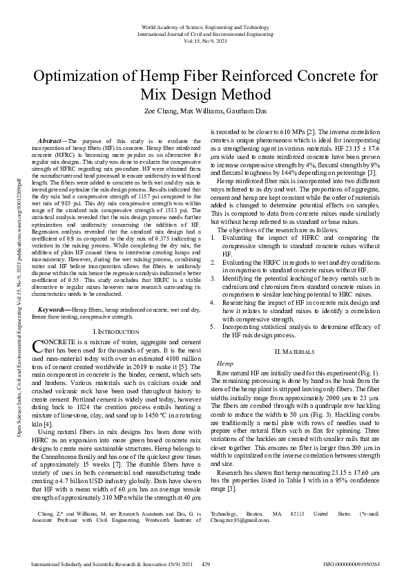 (PDF) Optimization of Hemp Fiber Reinforced Concrete for Mix Design Method