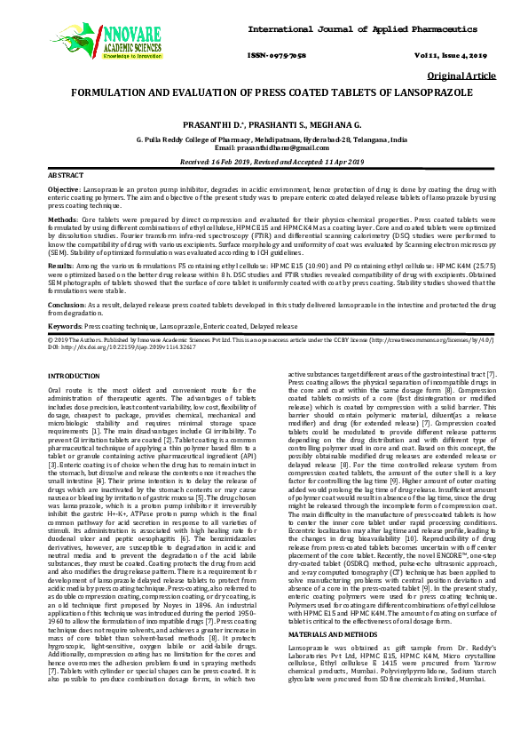 Pdf Formulation And Evaluation Of Press Coated Tablets Of Lansoprazole