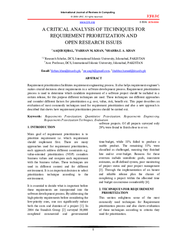 (PDF) A Critical Analysis of Techniques for Requirement Prioritization and Open Research Issues